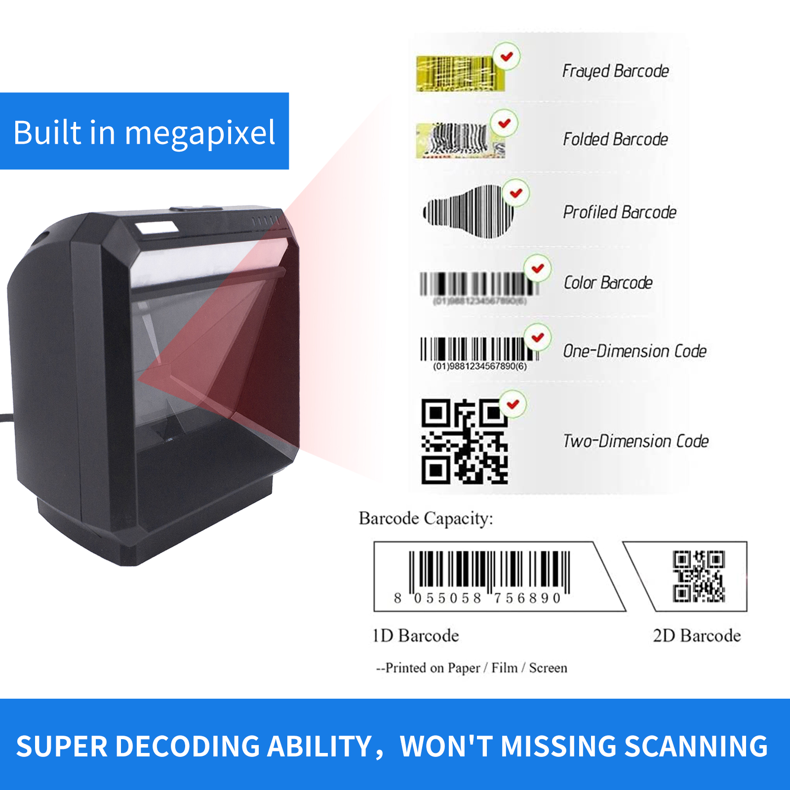 MJ-4300 Bluetooth 2D High Resolution Desktop Barcode Scanner - symcode111